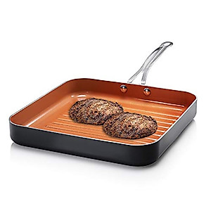 Gotham Steel Grill Pan – 10.5” Square Aluminum Grill Pan with Nonstick Surface, Sear Ridges and Stainless Steel Handle, Dishwasher and Oven Safe