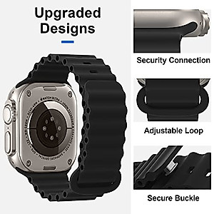 Astorgos Ocean Silicone Band Compatible with Apple Watch Band Ultra2 Ultra 49mm 45mm 44mm 42mm iWatch Series 9 8 7 SE2 SE 6 5 4 3 2 1,Adjustable Band Breathable Replacement Strap for Women Men,Black