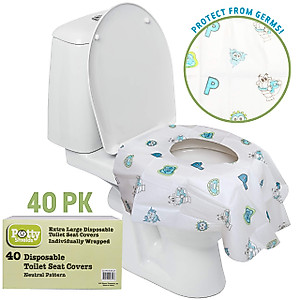 Potty Shields Toilet Seat Covers Disposable (40 Pack) - XL Waterproof Toilet Cover for Toddlers, Kids & Adults - Portable & Individually Wrapped for Travel, Potty Training, Vacations, Public Restrooms