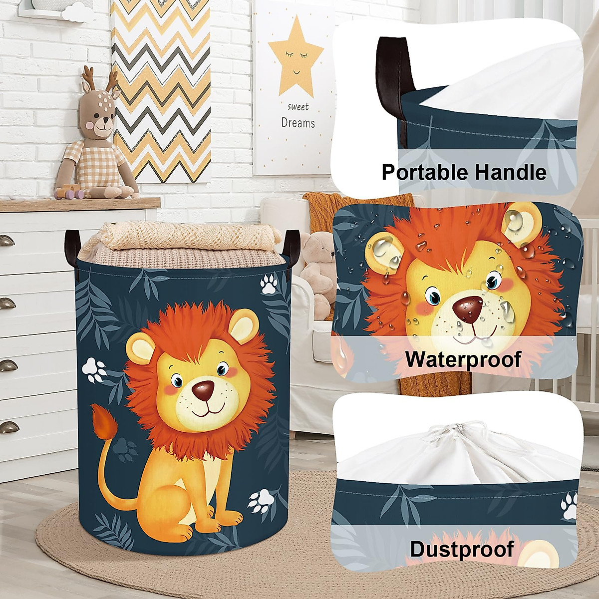 Clastyle 63L Large Lion Kid Laundry Hamper with Handle for Boy Girl Collapsible Clothes Toy Storage Basket with Lid for Bedroom Bathroom Nursery