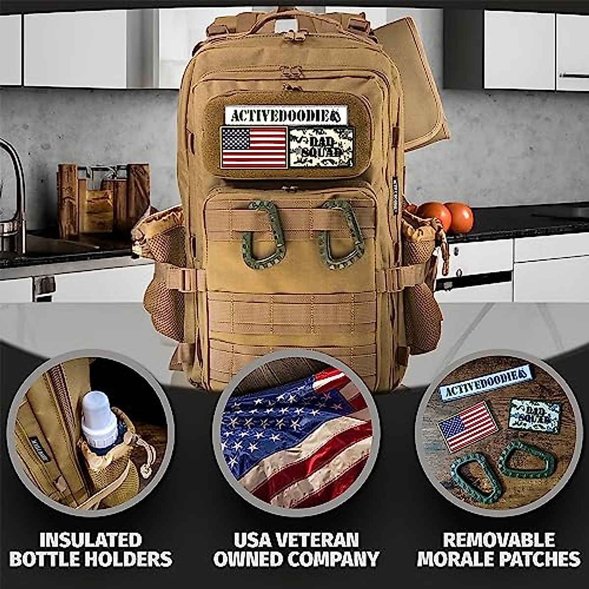 ActiveDoodie Dad Diaper Bag for Men with Camo Changing Pad, USA Dad Squad Patches, Diaper Bag for Dad, Coyote Brown