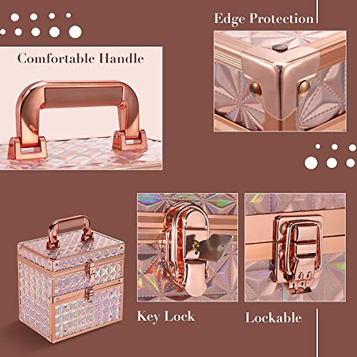 Costravio Nail Supplies Organizer Box Nail Polish Storage Case for Nail Tech or Home Use With Drawer and Slots Travel Makeup Train Case Portable Lockable - Rose Gold