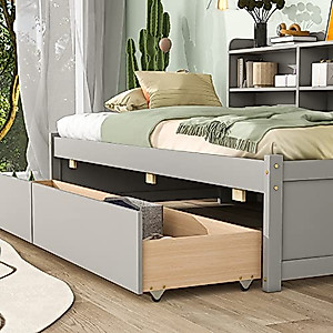 HomSof Twin Bed with Side Bookcase, Drawers,Gray