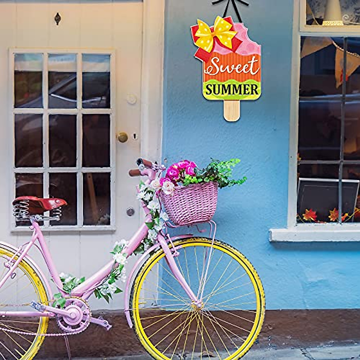 2 Pieces Ice Cream Sandbeach Hanging Sign Happy Summer Wood Sign Sweet Summer Wood Ornaments Summer Welcome Sign Door Wood Hanging Sign for Summer Holiday Party Home Door Wall Window Decor (Ice Cream)