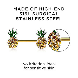 Pierce2GO Pineapple Weed Nipple Rings – Anodized Gold Surgical Stainless-Steel Set of 2 Barbell Cute 14G Pineapple Nipple Piercing –Jewelry for Women - 9/16" Barbell