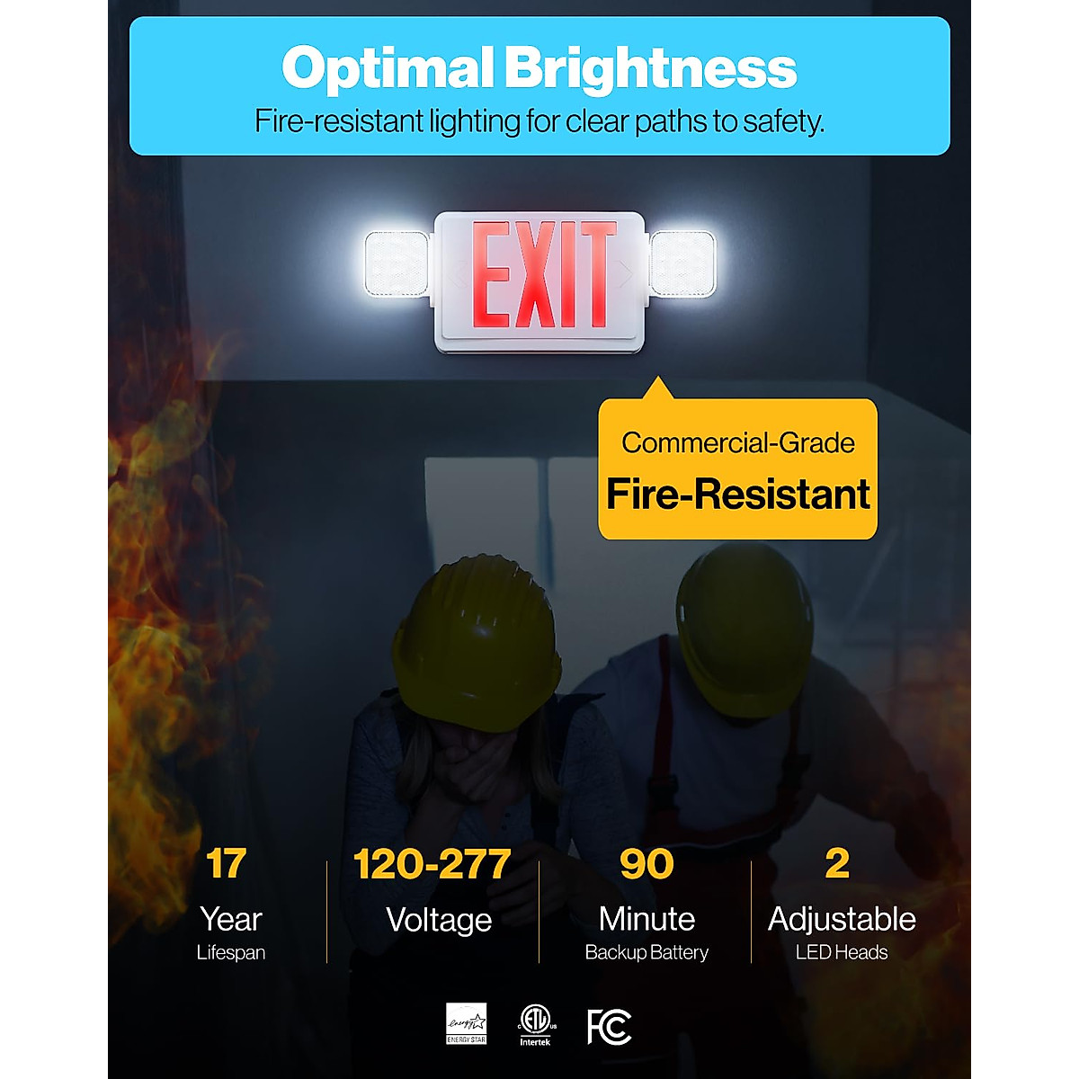 Sunco Red Exit Signs With Emergency Lights, Two Adjustable Square LED Lights, 94V-0 Fire Resistant, Backup Battery, 120-277V, Wall Or Ceiling Mount, Commercial Grade Double Sided UL 2 Pack