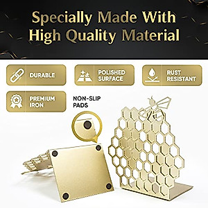 Honeycomb Book Ends - Premium Gold Decorative Bookends for Shelves - Heavy Duty Bookends for Heavy Books - Modern Metal Non-Skid Book Holders (1 Pair, 2 Pieces) by Special Lucy