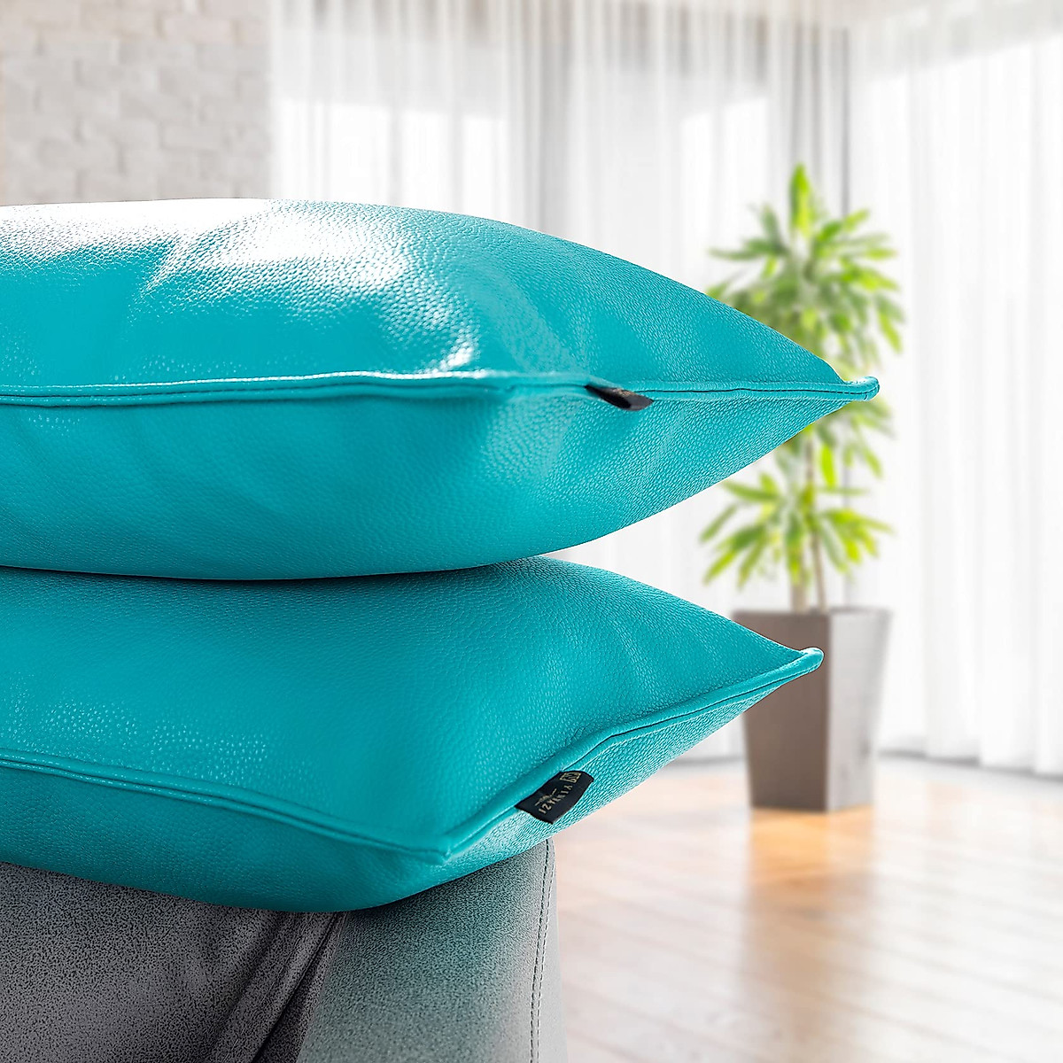 YINNAZI Thick Heavy Duty Soft Faux Leather Throw Pillow Covers, Solid Color, Waterproof Dustproof, Square Garden Cushion case, Pillowcase for Patio Couch Sofa Bench, 12x 20 Inch, Set of 2, Teal Green