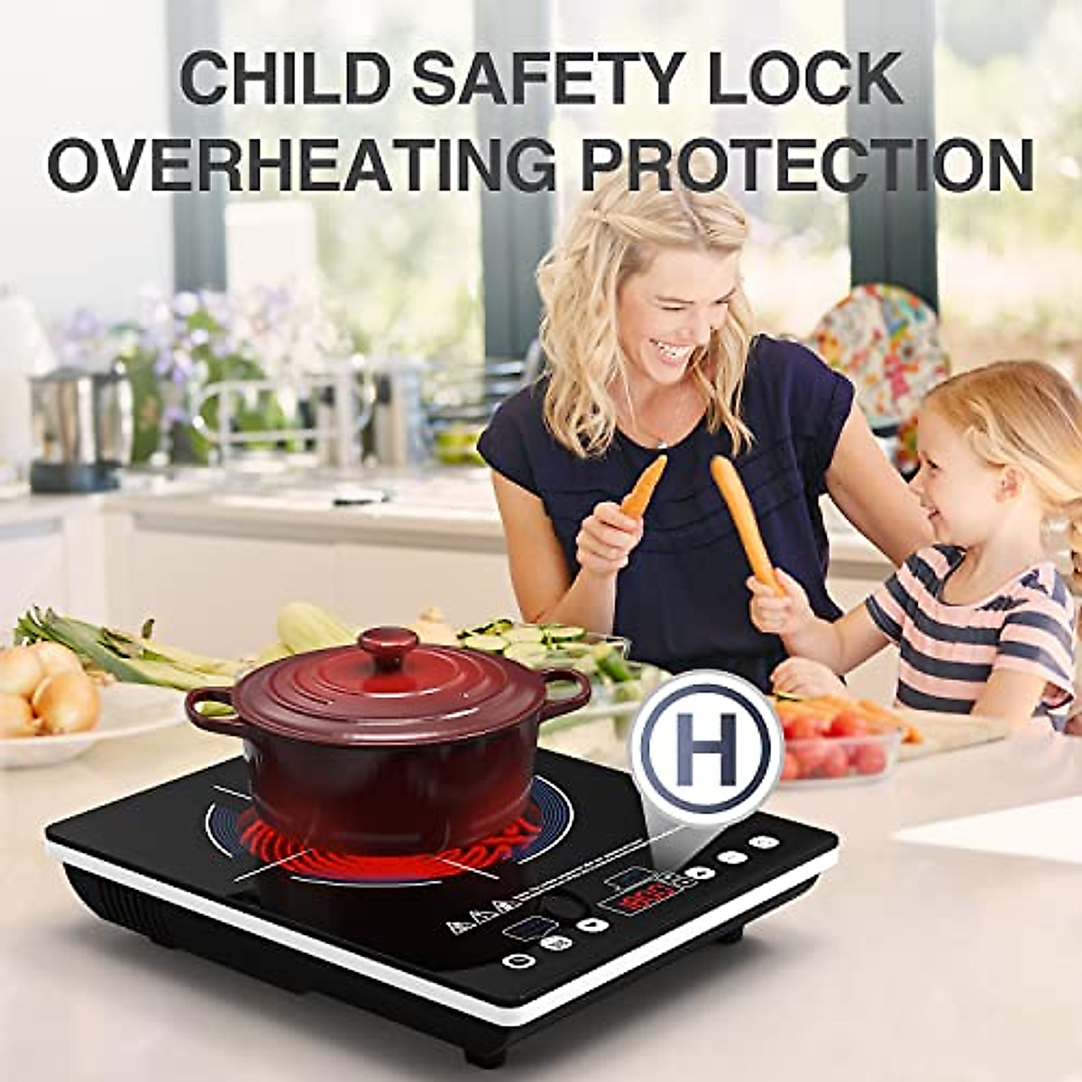 GIHETKUT Electric Cooktop Single Burner, 1800W Electric Stove Top with Touch Control, 9 Power Levels, Kids Safety Lock & Timer, Overheat Protection,110V Induction Cooktop