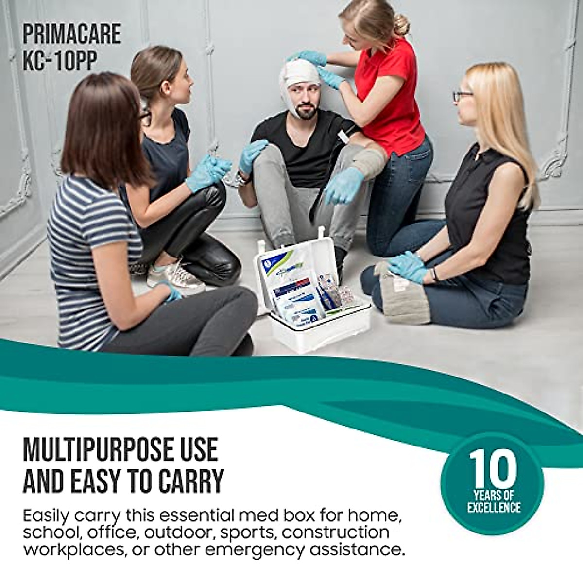 Primacare KC-10PP 10 Person Compact First Aid Kit, 8"x5"x3", with 102 Pieces Emergency Medical Supplies, Portable Kits for Home, School and Office, Wall Mount, White