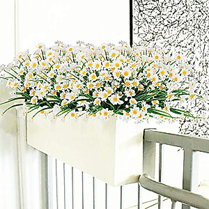TEMCHY Artificial Daisies Flowers Outdoor UV Resistant 4 Bundles Fake Foliage Greenery Faux Plants Shrubs Plastic Bushes for Window Box Hanging Planter Farmhouse Indoor Outside Decor(White)