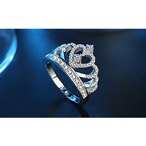 Princess Queen Crown Rings for Women Eternity Heart-Shaped Promise Ring Zircon Jewelry Silver 6