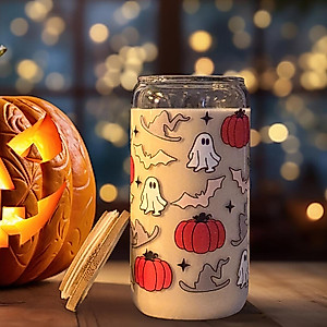 Halloween Cups - Halloween Gifts for Women - 16oz Ghost Bat Pumpkin Coffee Mug - Fall Tumbler with Lid and Straw - Spooky Drinking Glass for Her - Goth Halloween Party Favors