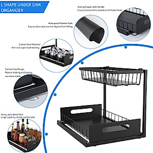 SUTINE Under Sink Organizer, 2 Tier L-Shape Bathroom Organizer Under Sink Organizers and Storage, Sliding Under Cabinet Organizer Storage Shelf for Kitchen Bathroom, Black
