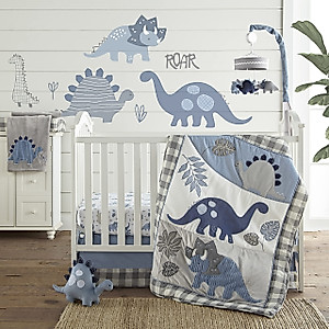 Levtex Baby - Kipton Set Crib Fitted Sheet - Fits Standard Crib and Toddler Mattress - Tossed Dinosaurs and Leaves - Blue, Grey and White - Nursery Accessories - 100% Cotton
