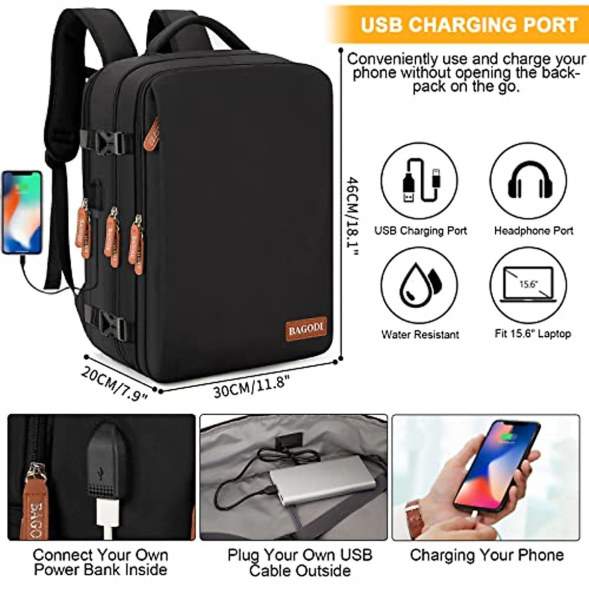 BAGODI Travel Laptop Backpack,15.6 Inch Flight Approved Carry on Backpack,Waterproof Large 40L Hiking Backpack Casual Daypack (Black)