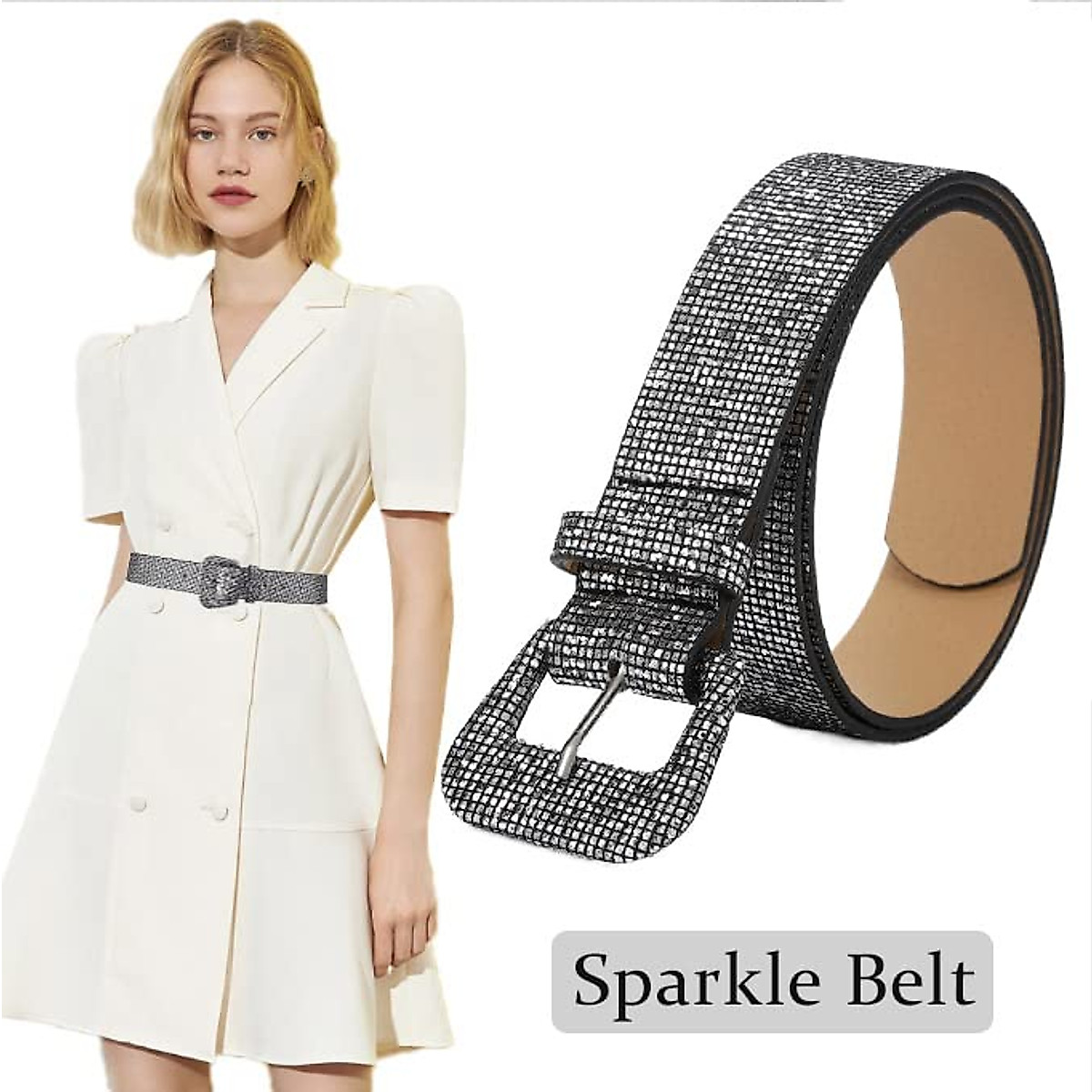 Yalice Shiny Sequins Belt Rhinestone Leather Sash Belt Women Bling Skinny Belts for Dress Studded Waist Belt for Jeans Pant (Antique Silver)