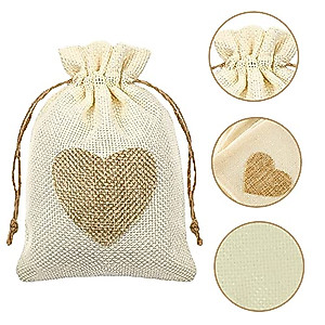 Burlap Heart Gift Bags with Drawstring,24pcs 4”x6" Jute Cloth Favor Pouches for Wedding Shower Party Thanksgiving Christmas Valentine's Day