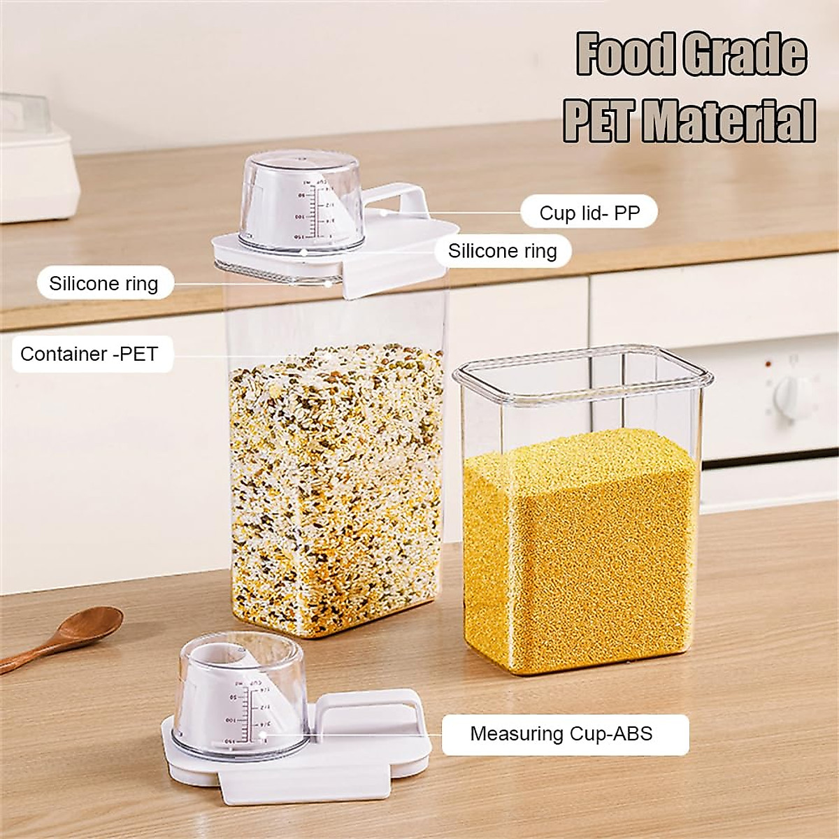 JUSTAUS 2Pcs Rice Dispenser Storage Containers, 1.1L Small Rice Bucket with Measuring Cup & Pour Spout, Kitchen Plastic Airtight Container for Cereal, Grain, Flour, Sugar, Oatmeal, Dry Pet Dog Food