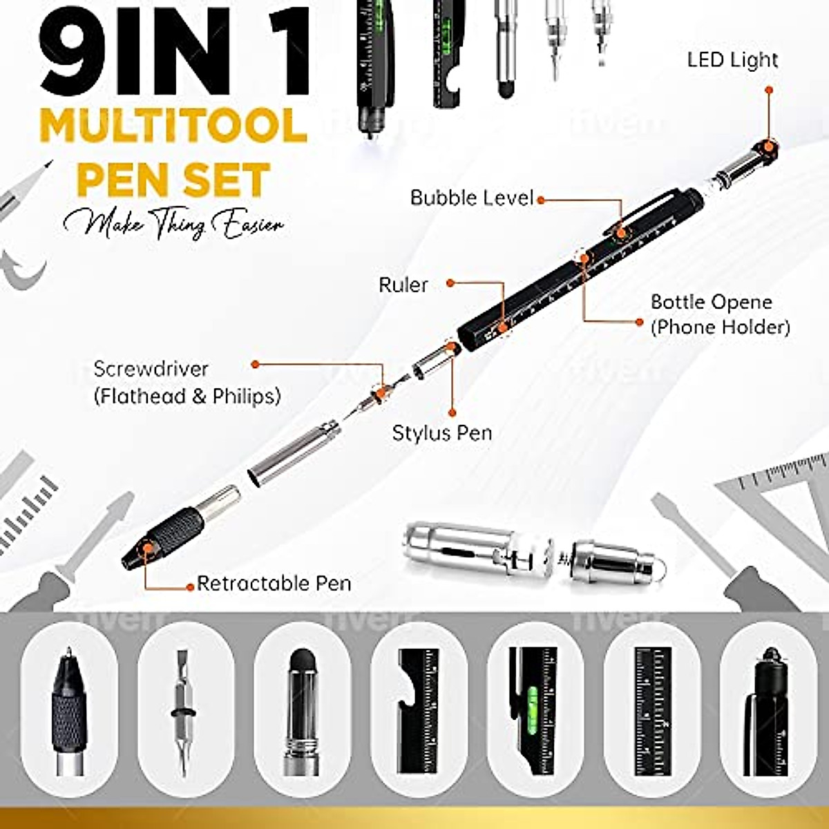 Gifts for Men, Stocking Stuffers for Men, Multitool Pen Set 9 in1, Christmas Gifts for Men Who Have Everything, Dad Gifts from Daughter Cool Gadgets for Men, Boyfriend, Father, Husband, Tools for Men