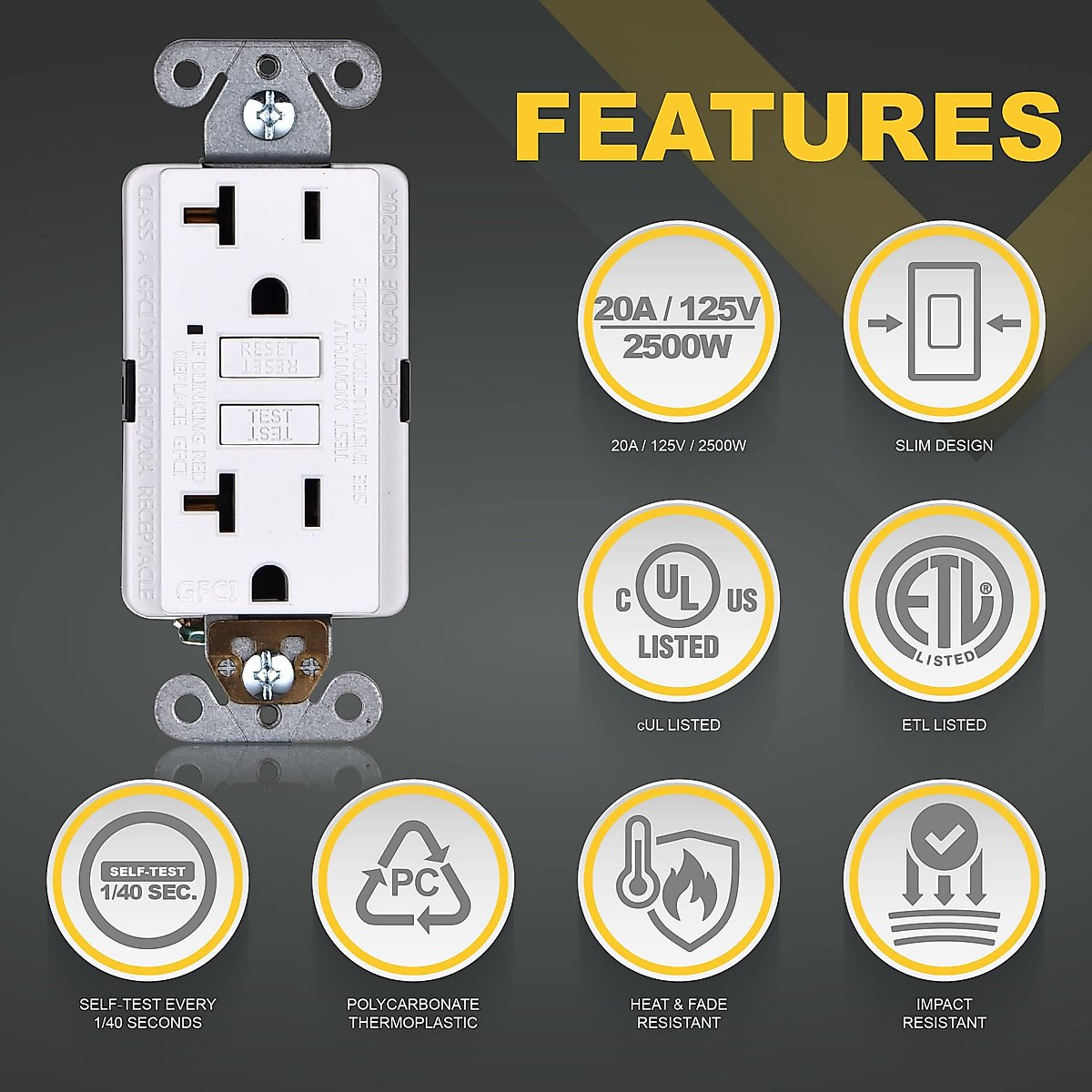 GFCI Outlet 20 Amp [3-Pack], Non-Tamper-Resistant GFI Duplex Receptacles with LED Indicator, Self-Test Ground Fault Circuit Interrupter, ETL Listed, White, 3 Piece