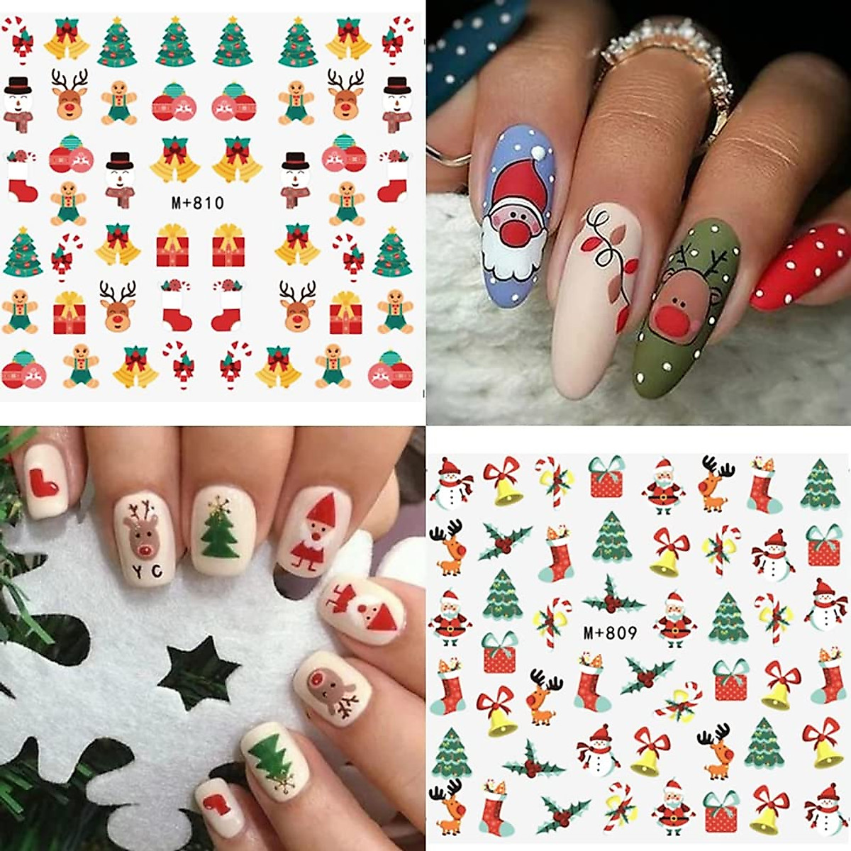 Christmas Nail Art Stickers, Snowflake Nail Decals Water Transfer Winter Nail Stickers Colorful Snowflake Santa Claus Snowman Bell Xmas Tree Sock Elk Nail Tattoo Stickers for Women Girls Kids (12