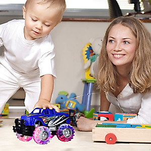 Playo Monster Trucks for Boys - Car Toys for Boys & Girls - Light up Toys for Kids - 6" Truck with Flashing LED Tires - Toy Cars for 3 Year Old boy + - Push n Go Childrens Birthday Gift (Blue)