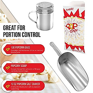 Popcorn Machine Supplies Set, 100 Popcorn Bags (1 oz. Paragon 1029), 1-12 oz. Popcorn Scoop, 1-10 oz. Popcorn Season Salt Shaker