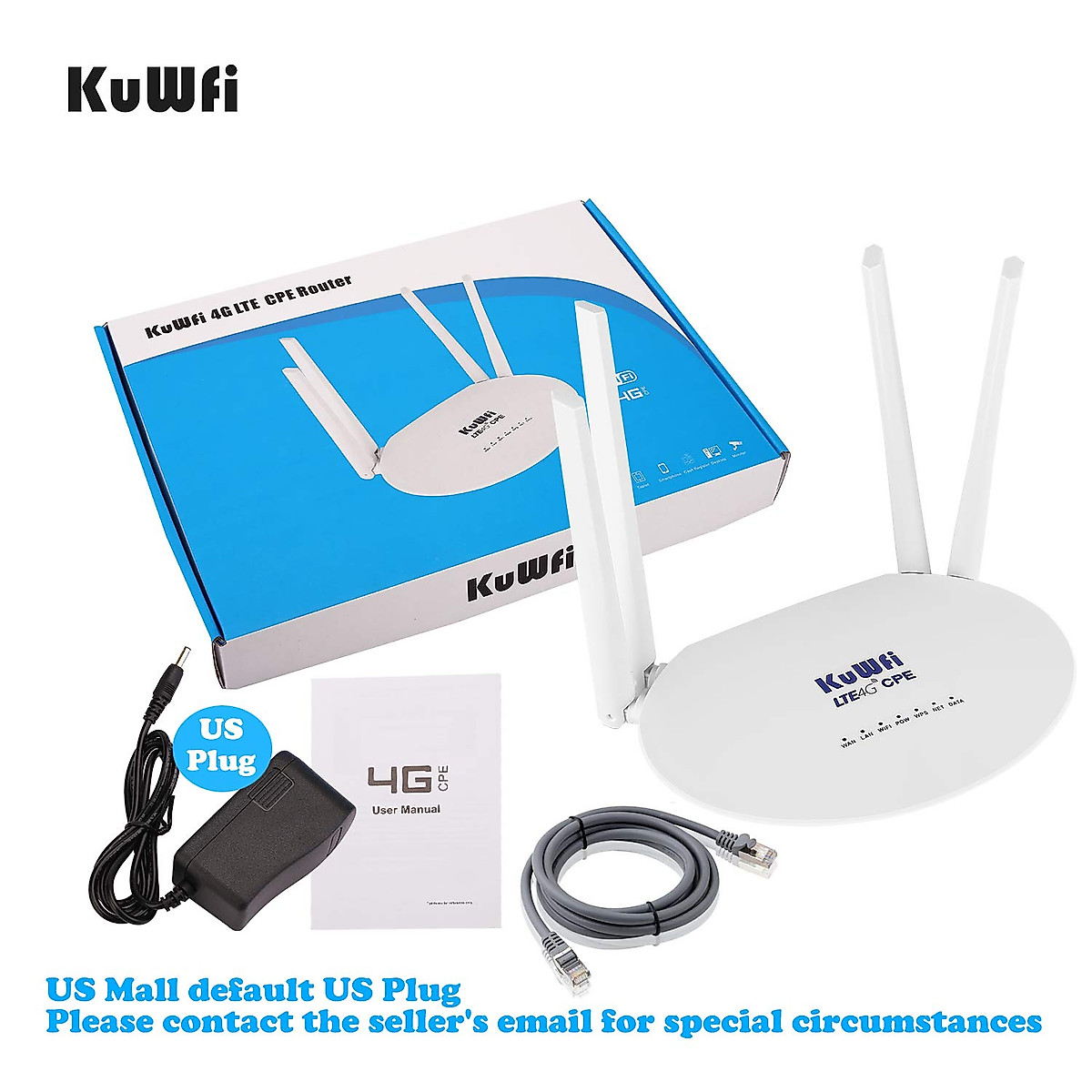 KuWFi 4G LTE Router with SIM Card Slot, 300Mbps Unlocked Wireless WiFi Internet Routers with 4pcs Non-Detachable Antennas for USA/CA/MX[Not for Verizon]