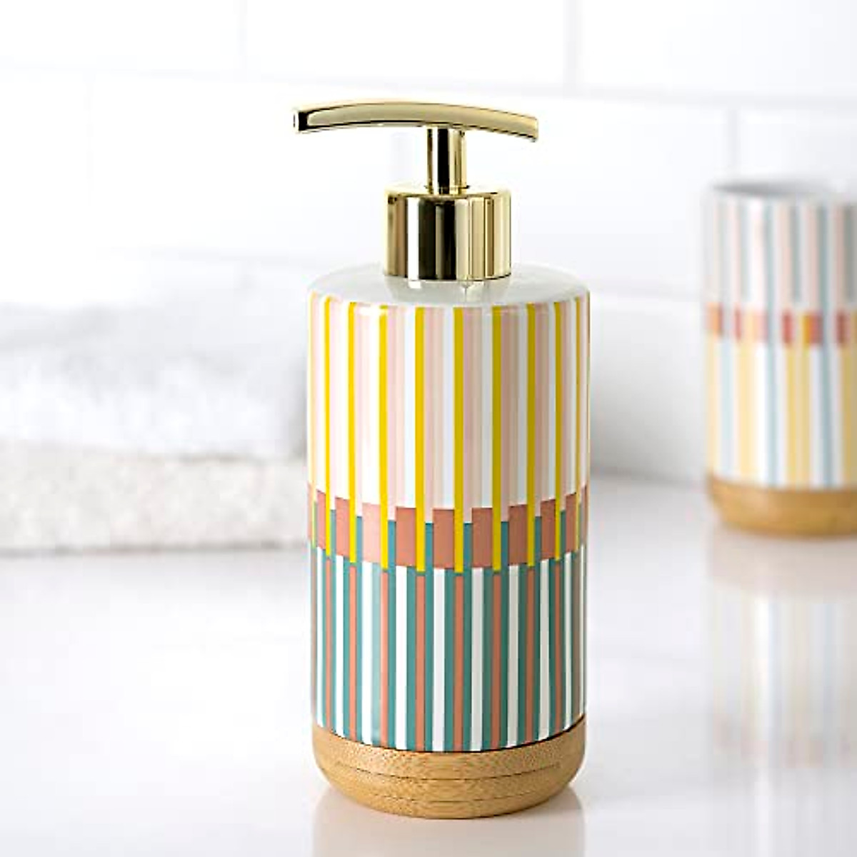 Allure Home Creation Market Stripe 4-Piece Ceramic with Bamboo Bath Accessory Set