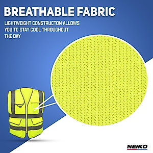 Neiko 53993A Medium Ultra Reflective Safety Vest with Reflective Stripes & Zipper, Visibility Strips on Neon Yellow for Emergency, Safety Vest for Men and Women, Adult Safety Vest