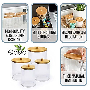 Qasic Crystal Acrylic Apothecary Jars with Lids. 4pc Set 20oz and 10oz Bathroom Organization Containers. Cotton Ball Holder, Cotton Swab Qtip Holder, Hair Accessories, Bath Salt, Decor or Candy Jar!