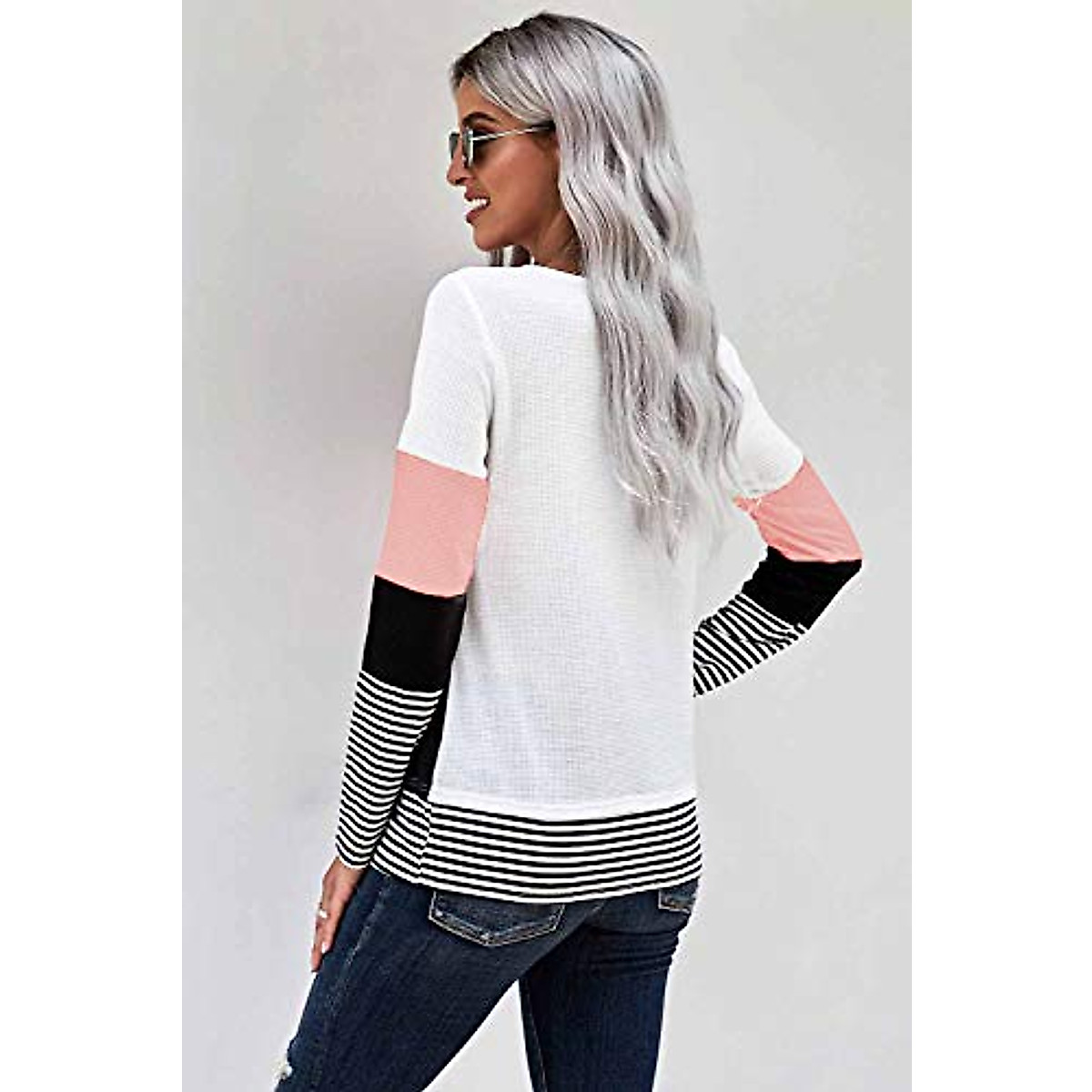 SMENG Womens Long Sleeve Tops Fashion Fall Clothes 2024 Pink Shirts for Women Waffle Knit Cute Casual Striped Patchwork Blouses Pink L