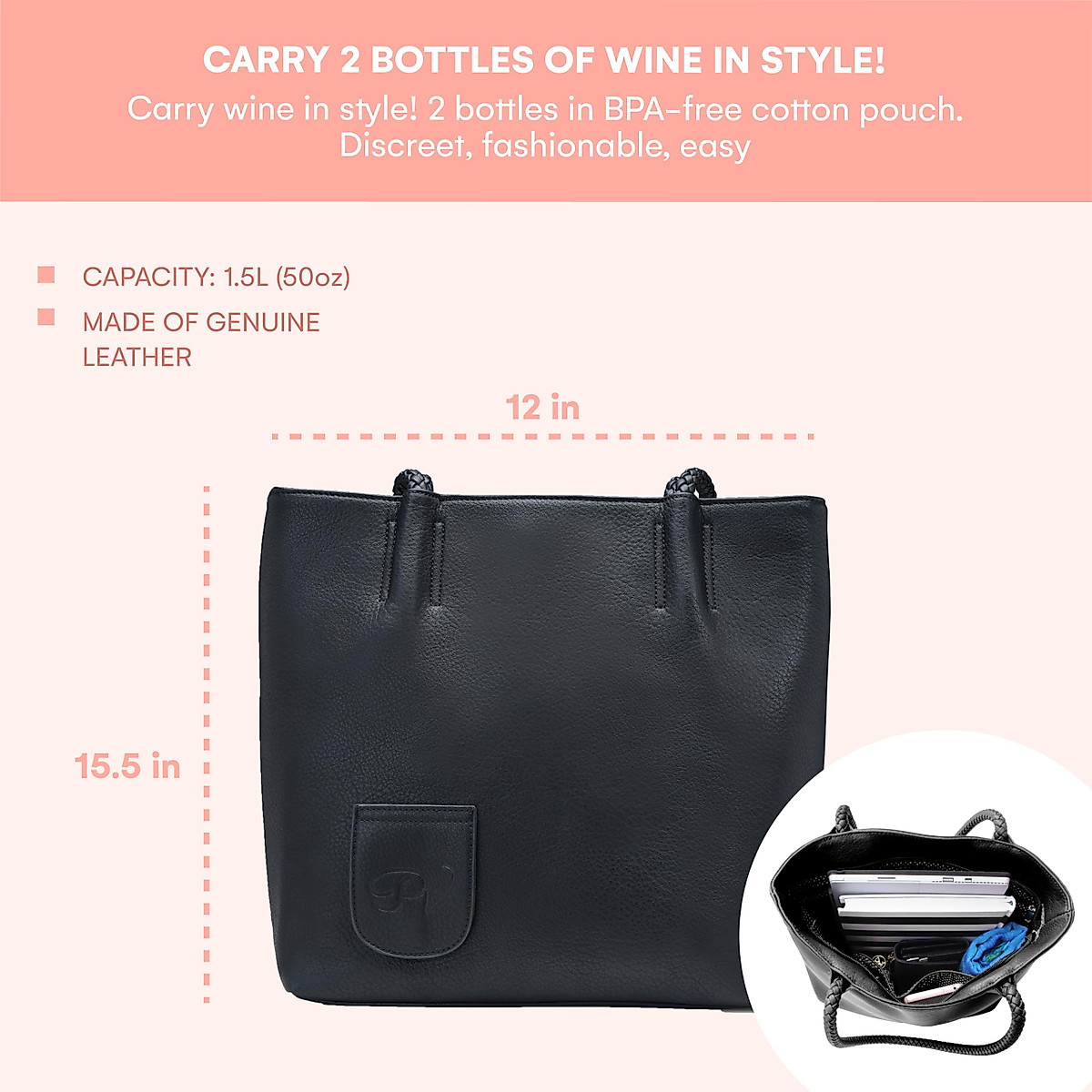 PortoVino Double Pour Vegan Leather Tote Bag with Hidden Insulated Flask Compartment and Dispenser with Spout that Hold 2 separate Bottles Of Wine! Perfect for Traveling, Concerts, Bachelorette Party!