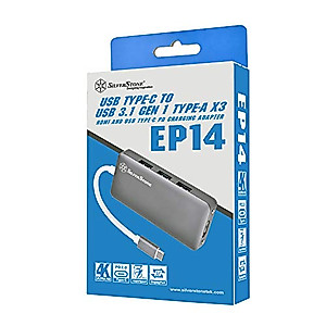 Silverstone SST-EP14C - USB 3.1 Type-C Gen1 to HDMI (res. up to 4096 x 2160 @ 30Hz), 3X USB 3.1 Gen 1 Type-A, 1x USB 3.1 Gen 1 Type-C (PD 2.0 Charging), Charcoal