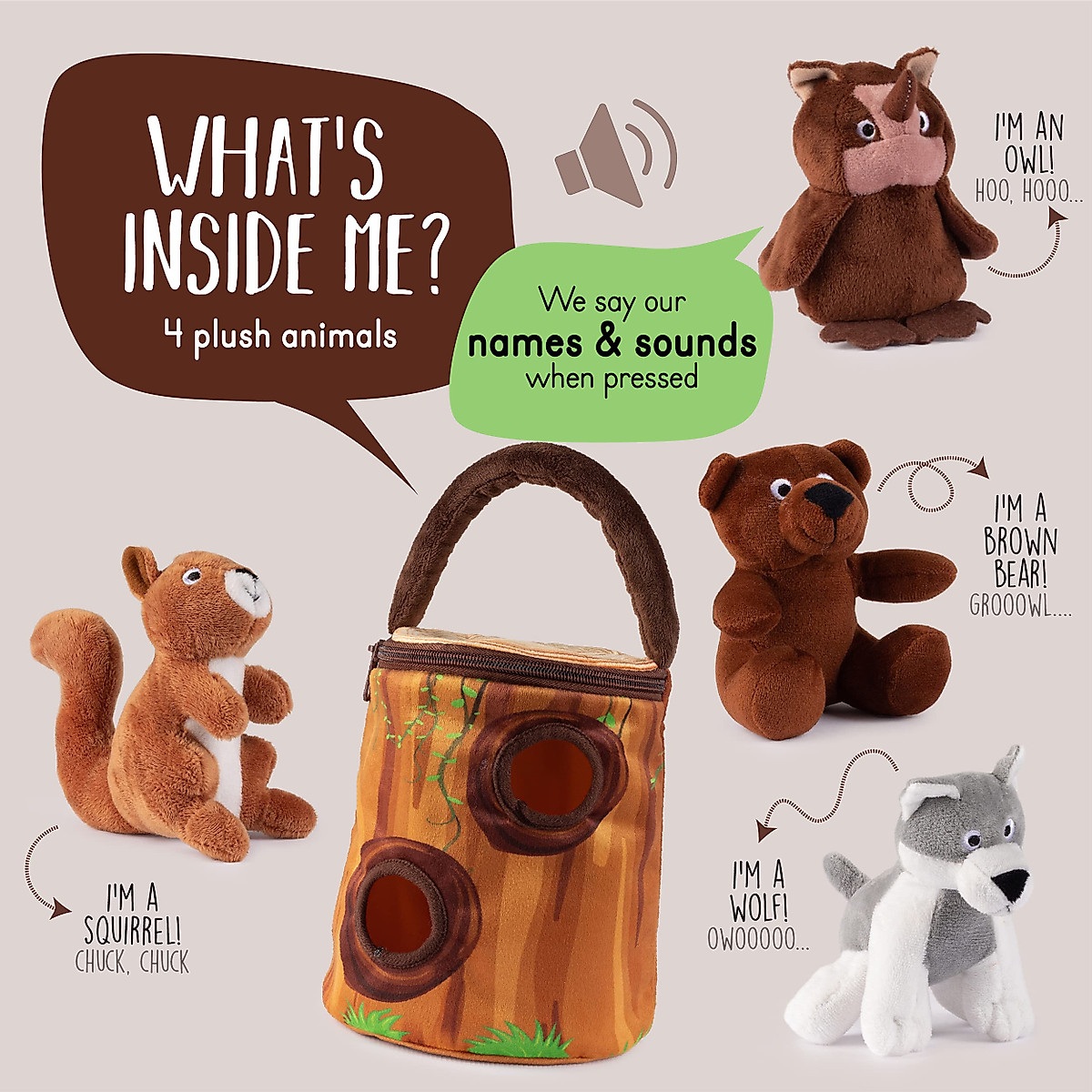 My Talking Plush Forest Animals Toy Set | Includes 4 Soft and Fluffy A Tree Shaped Carrier Great Gift for Baby Toddler Boys or Girls