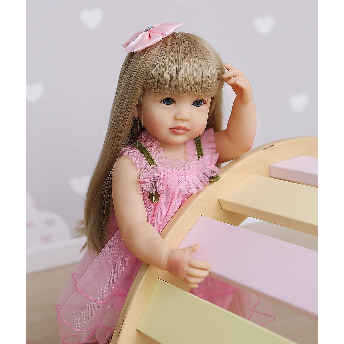 ROSHUAN Reborn Baby Dolls Girl 22 inch Lifelike Realistic Toddler Reborn Doll Silicone Vinyl Full Body Waterproof with Blond Long Hair Pink Dress for Birthday Gifts