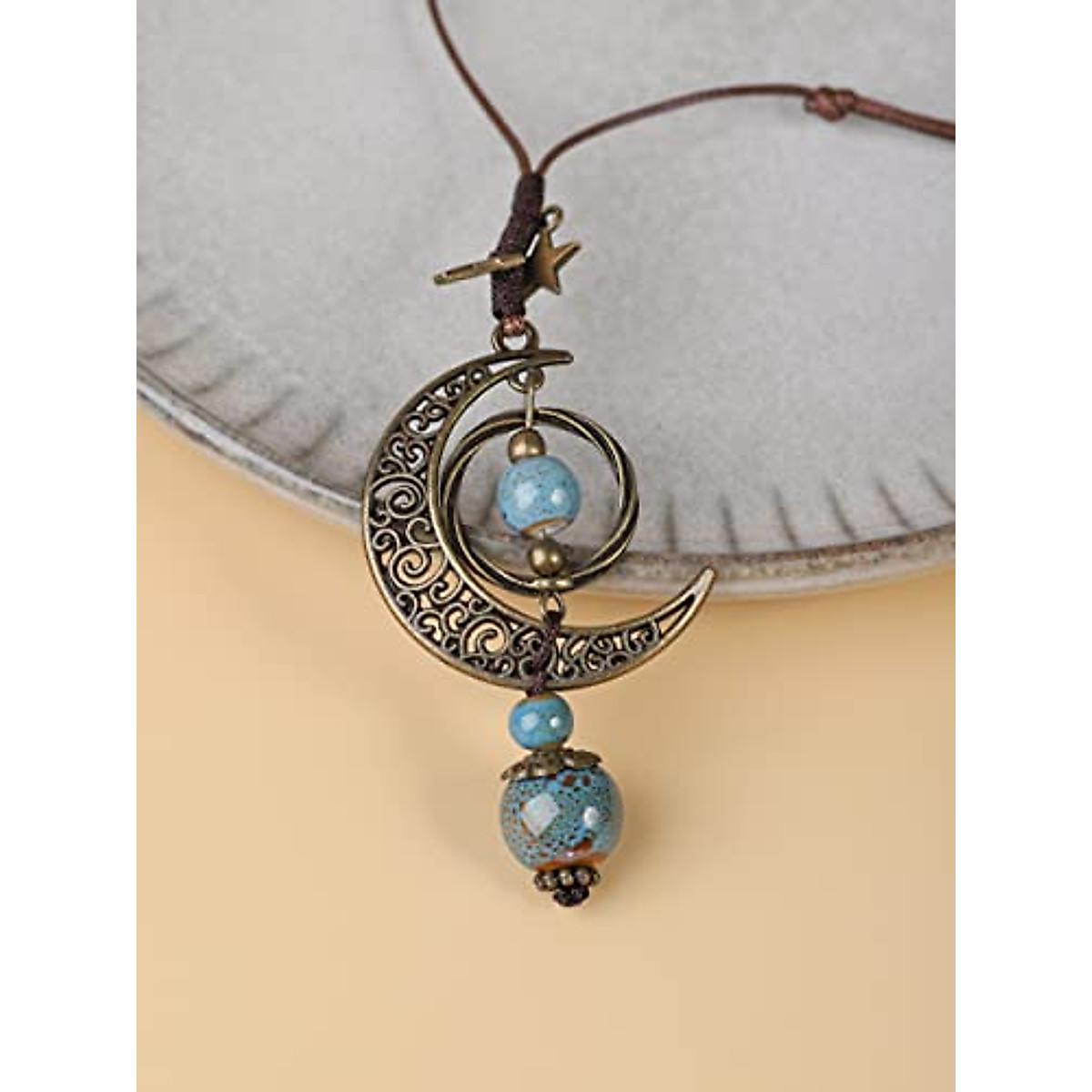 MINACHI Bohemian Hippie Moon Stars Ceramic Beads Lariat Necklace, Hippie Jewelry Gift for Women (Blue)