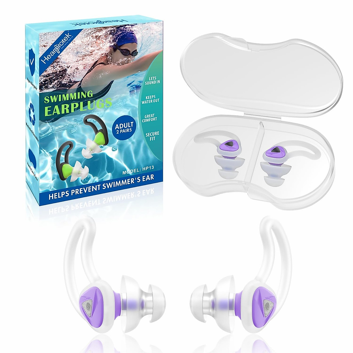 Hearprotek [2 Pairs] Swimmer Ear Plugs, Custom-fit Water Protection Adult Swimming earplugs for Swimmers Water Pool Shower Bathing and Other Water Sports (Purple)