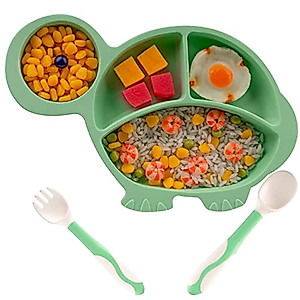 NICINGU Silicone Suction Plate spoon fork sets for Toddlers,Divided Plate Dish Placemat for Baby Kids Infant Self Feeding Training,Fits Most Highchairs, BPA Free Microwave Dishwasher Safe- Green