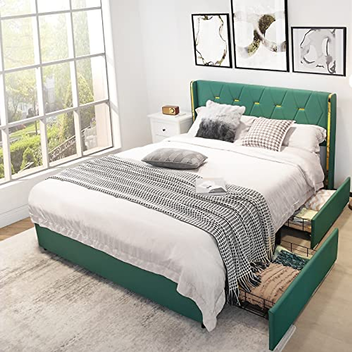 Giantex Upholstered Bed Frame with 4 Drawers, Queen Size PU Leather Bed Frame, Heavy-Duty Noise-Free Bed Frame, Easy Assembly, No Box Spring, Green