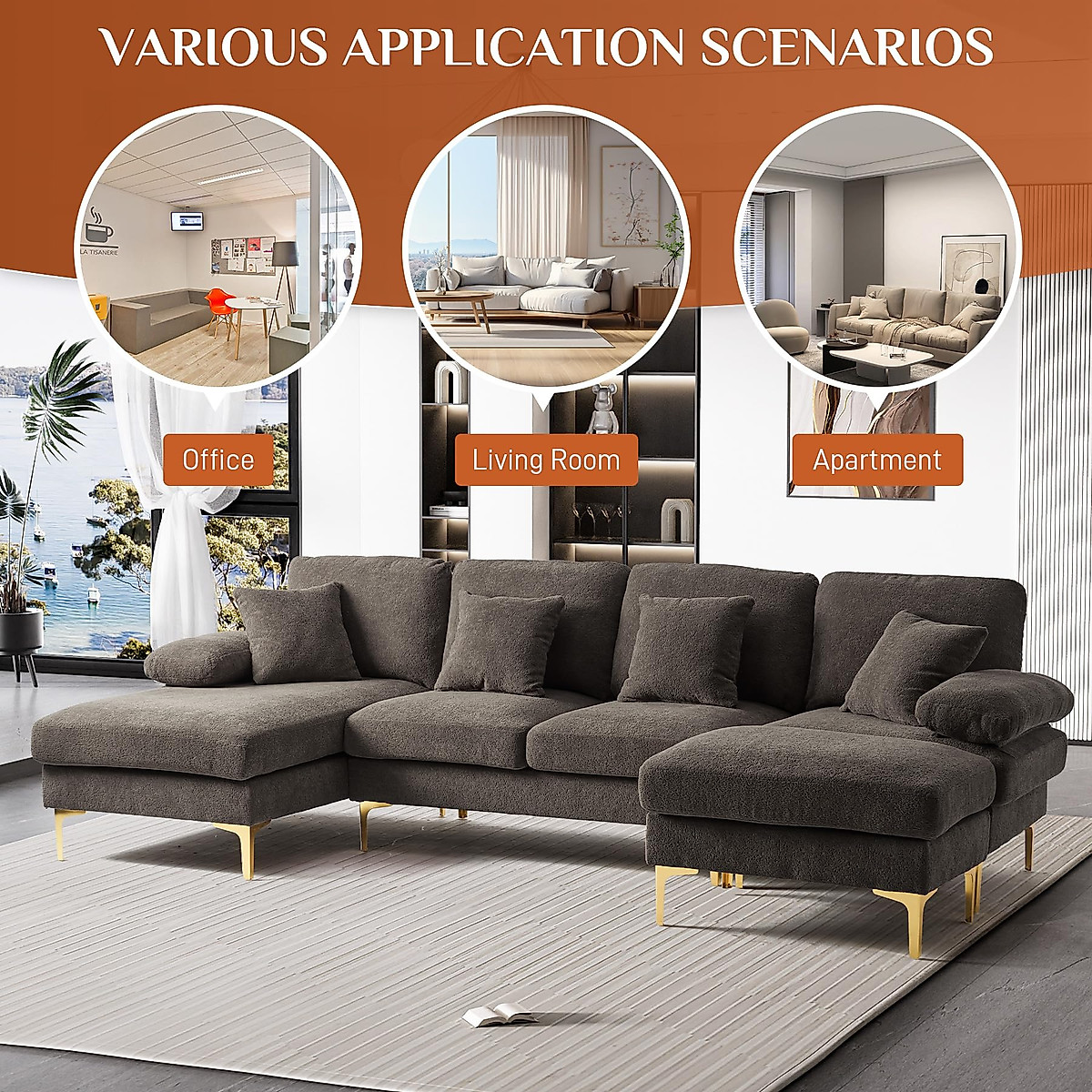 OUYESSIR U-Shaped Sectional Sofa Couch, 4 Seater Sofa Set for Living Room, 110" Convertible L-Shaped Chenille Couch Set with Chaise Lounge, Ottoman and Pillows (Grey)