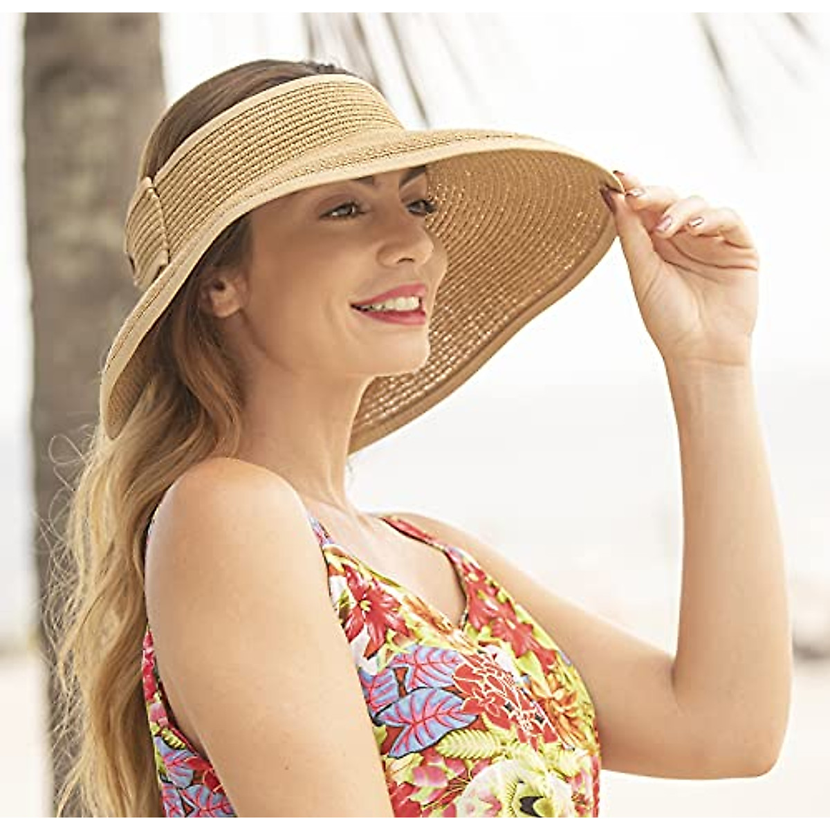 Summer Sun Visors for Women Wide Brim Roll Up Straw Beach Sun Visor Hats Womens Sun Hat Women Beach Hats for Women Foldable Sun Hats for Women, Natural Visors for Women