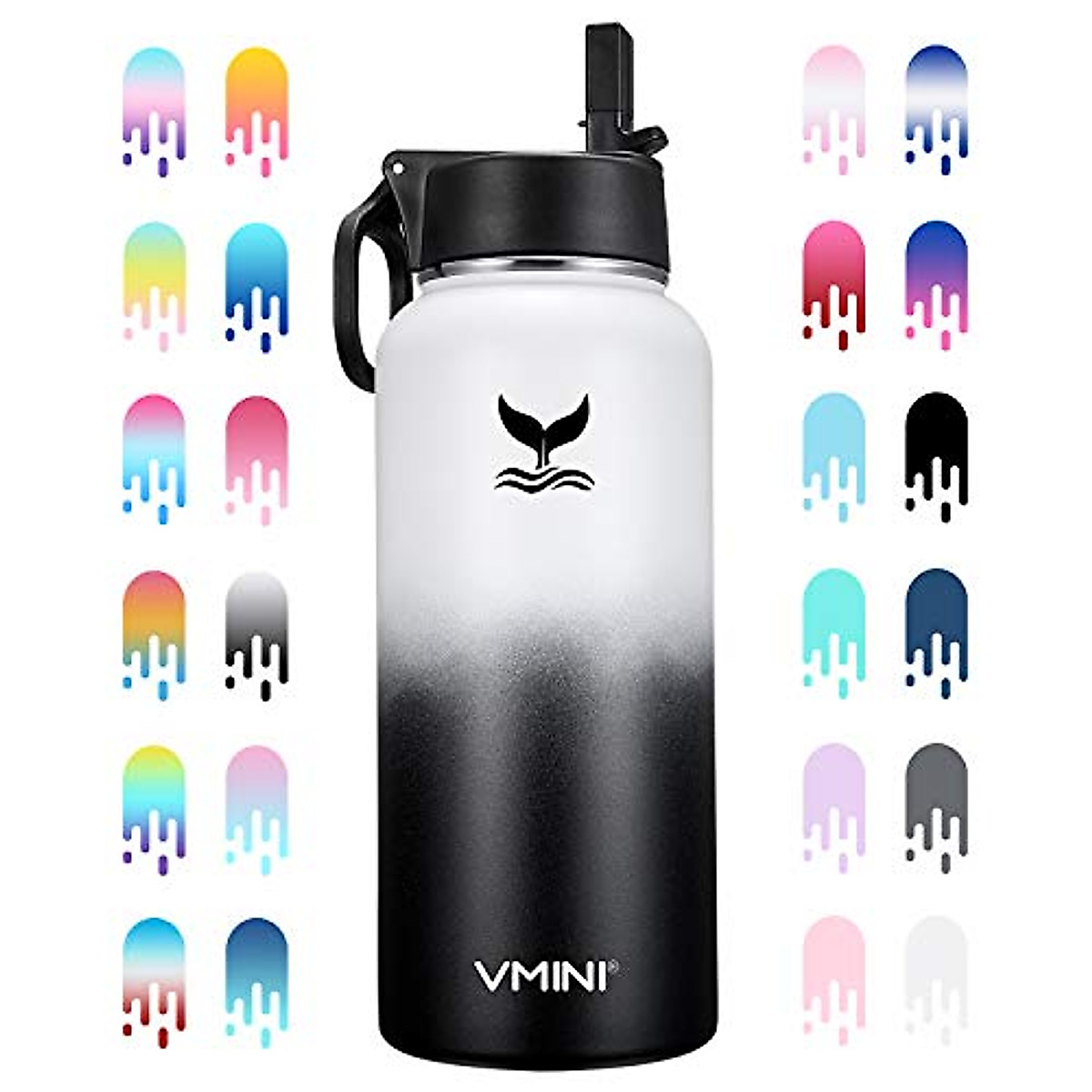 Vmini Water Bottle with New Wide Handle Straw Lid, Wide Mouth Vacuum Insulated 18/8 Stainless Steel, 32 oz, Gradient White + Black