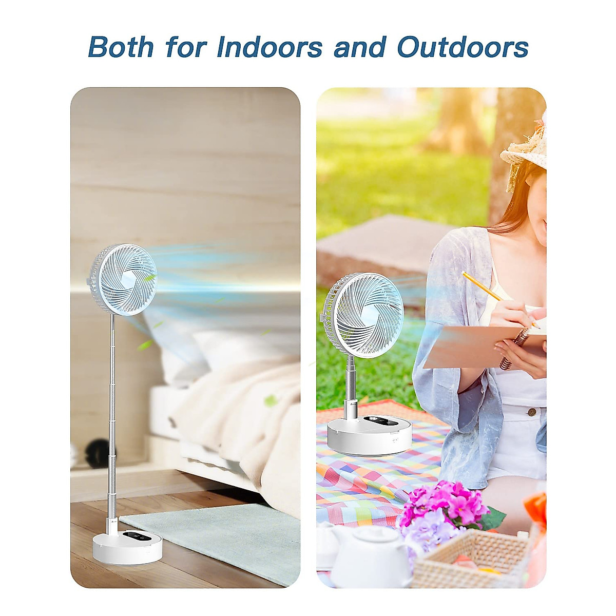 AICase Stand Fan, 9.5 inch Folding Portable Telescopic Floor/USB Desk Fan with 10000mAh Rechargeable Battery,4 Speeds Super Quiet Adjustable Height and Head Great for Office Home Outdoor Camping