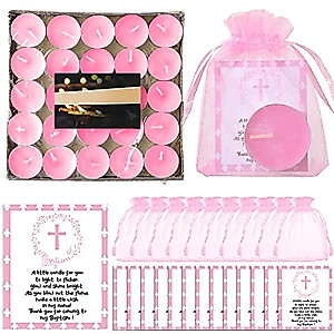 50 Sets Baby Shower Favors 50 Pcs Tea Light Candles for Guests Baby Shower Decoration with 50 Greeting Cards and Organza Bags for Boys Girls Guests Baby Shower Favors Gender Reveal (Pink)