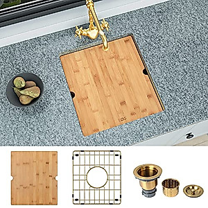 LQS Kitchen Sink Drain Strainer Assembly and Gold Undermount Bar Sink, RV Sink, Handmade Stainless Steel Bar Sink 15" x 17", 16 Gauge Workstation Sink