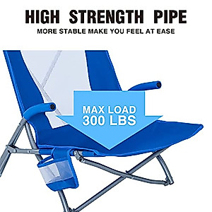 MOON LENCE 2 Pack Low Beach Lawn Lounge Chair, Outdoor Camping Chairs for Adults Folding, Portable, Comfortable with Arm Cushions, Cup Holder & Carry Bag(Blue)