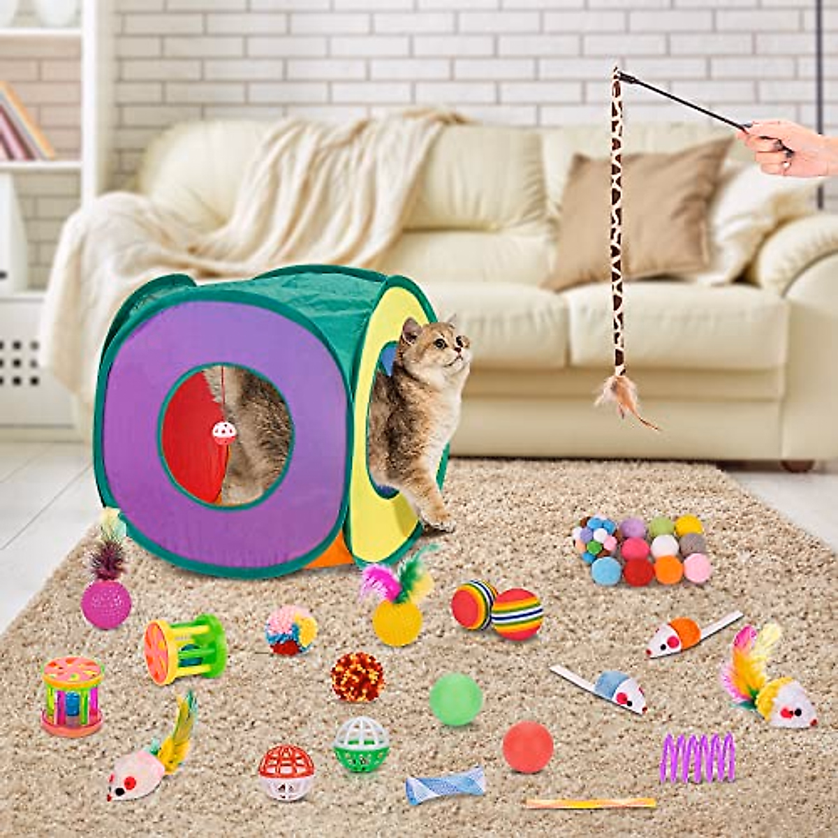 Retro Shaw Cat Toys Set, Interactive Cat Kitten Toys for Indoor Cats Kitty with Collapsible Cat Play Tunnel Tube Tent Cat Feather Wand Teaser Cat Bell Fuzzy Ball Springs Mouse Toys