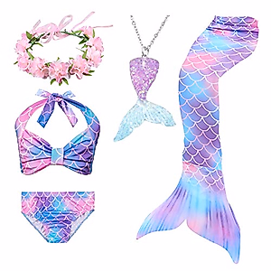 5Pcs Girls Swimsuit Mermaid Tails for Swimming Kids Bikini Costume Sets with Flower Headband (No Monofin) (DH48-P,7-8 Years)